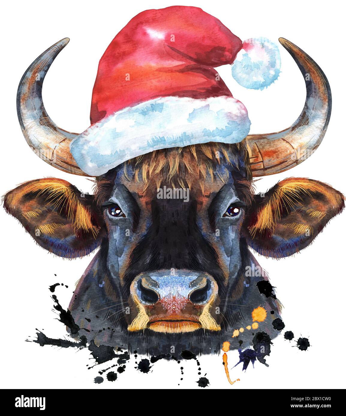 Watercolor illustration of black powerful bull in Santa hat with ...
