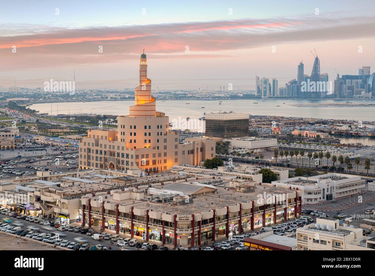 Night aerial view of iconic fanar mosque, Doha Qatar Stock Photo - Alamy