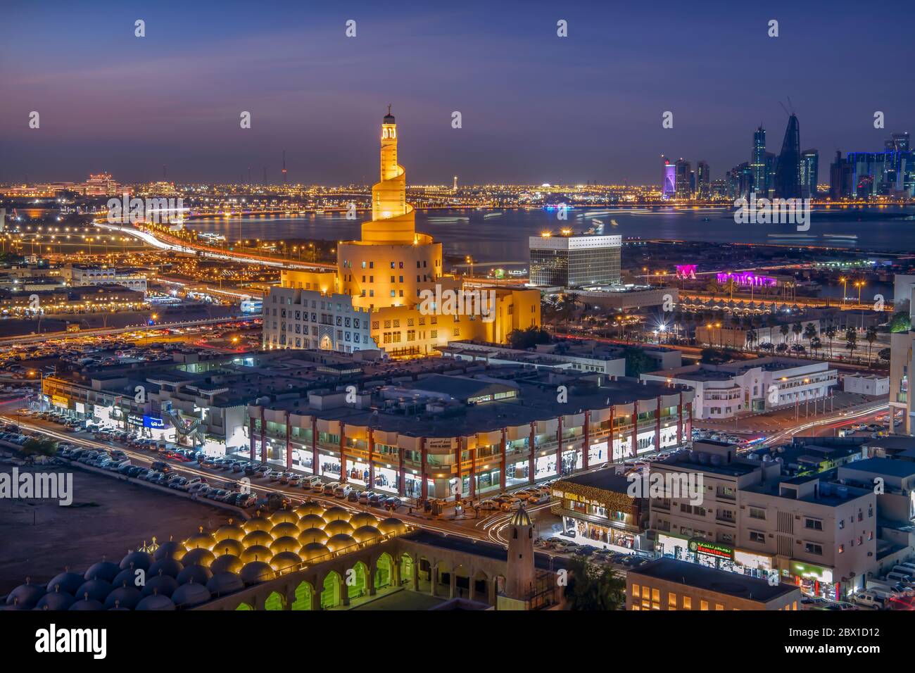 Night aerial view of iconic fanar mosque, Doha Qatar Stock Photo - Alamy