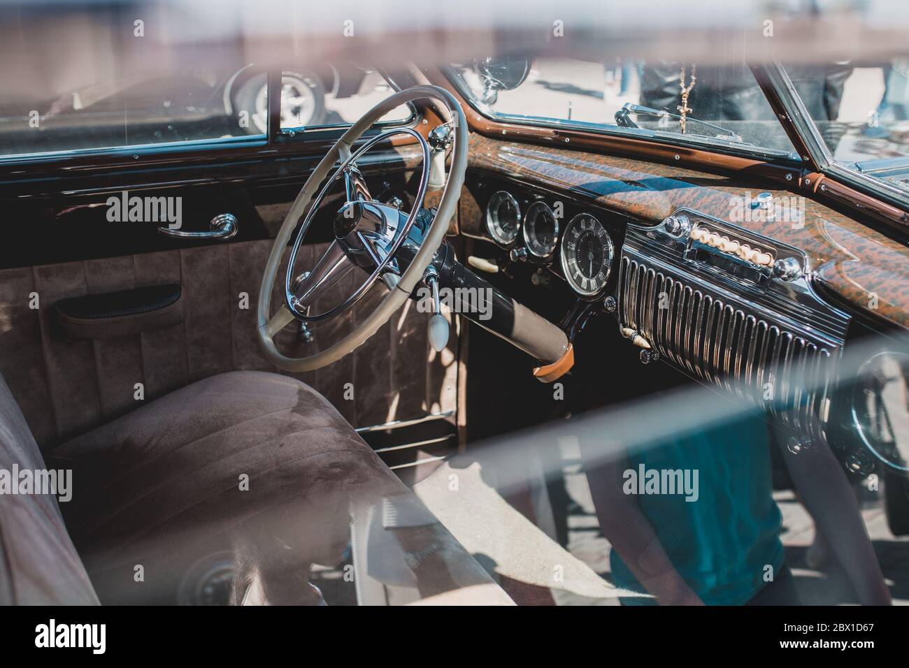 View through the open window on the interior of a retro car - old ...