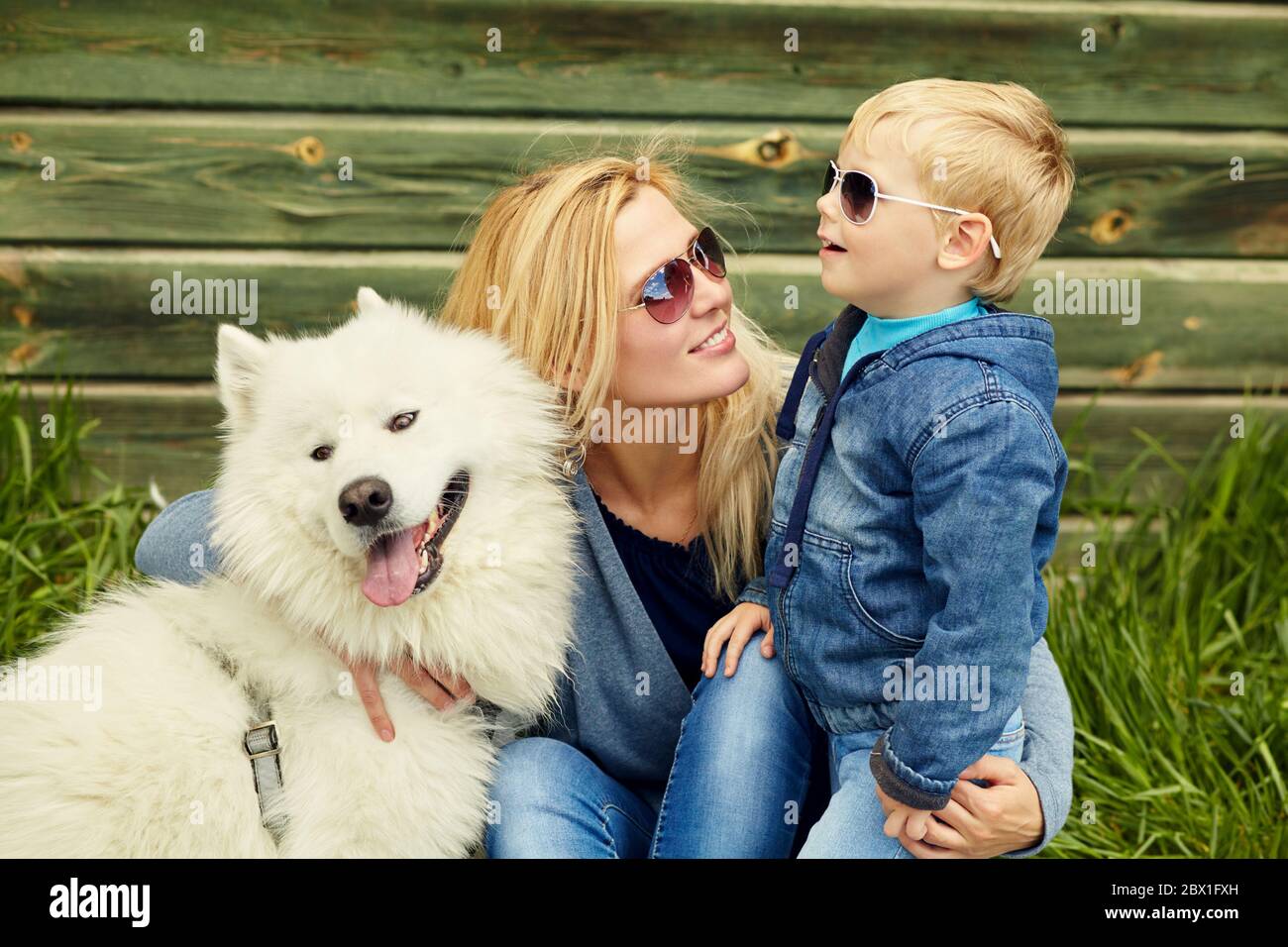 outdoor portrait mother, son and dog. child and mom walking samoyed ...