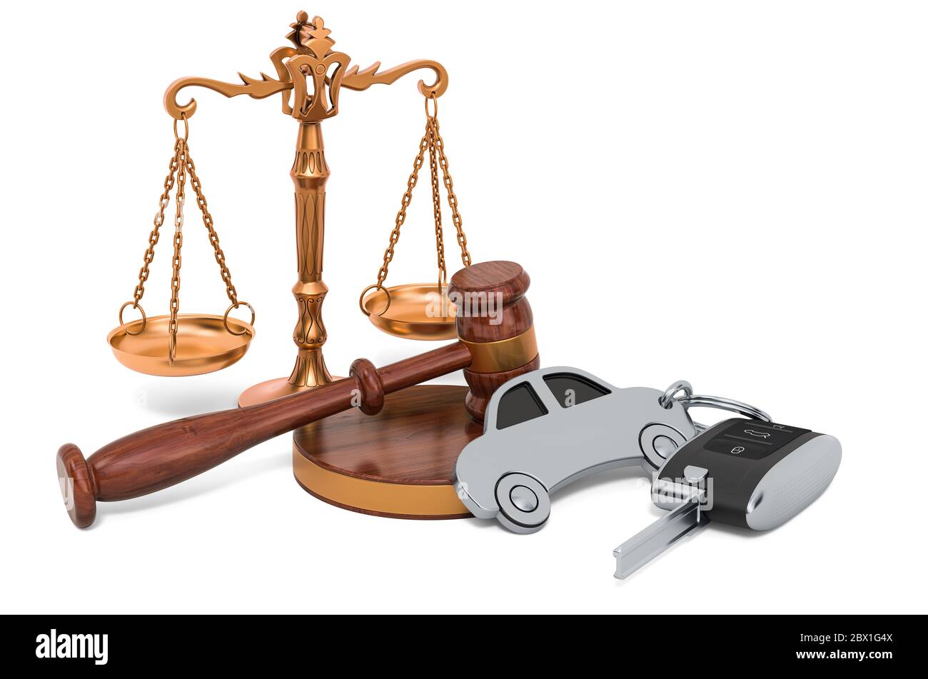 Car kay with wooden gavel and scales of justice. 3D rendering isolated ...