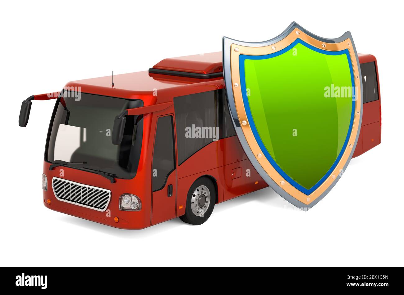 Passenger Transportation Insurance concept. Bus with shield, 3D ...