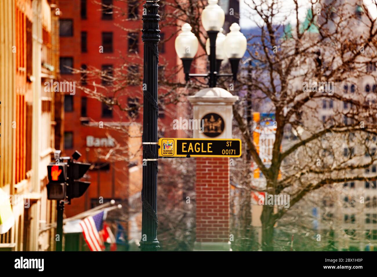 Eagle and state street intersection, road sign, Alberta, NY USA Stock ...