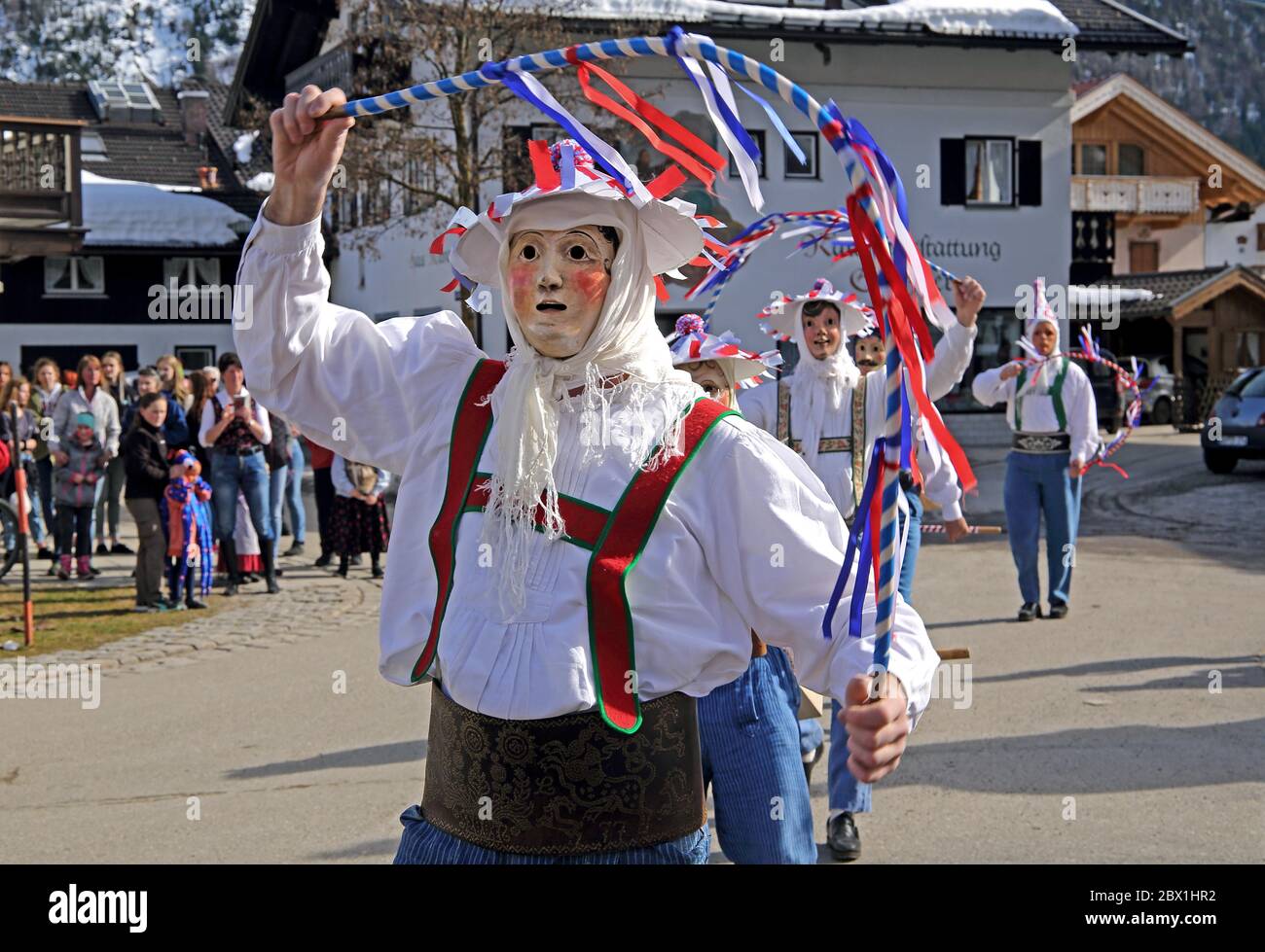 Typical mask in the Maschkera procession at carnival, Mittenwald ...