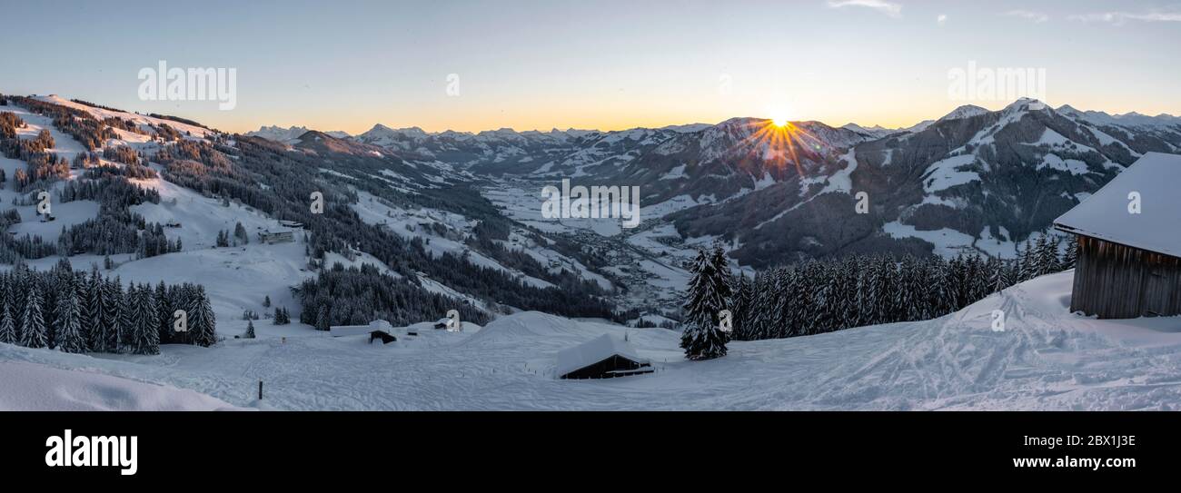 Panorama, view of the Brixen Valley with the first rays of sunshine ...