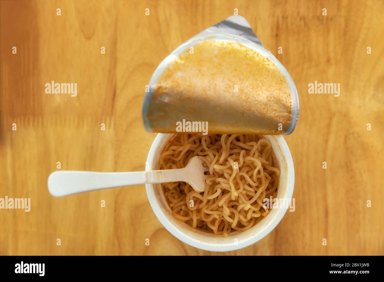 Top view of cup of instant noodle ready to eat, it is convenient and ...