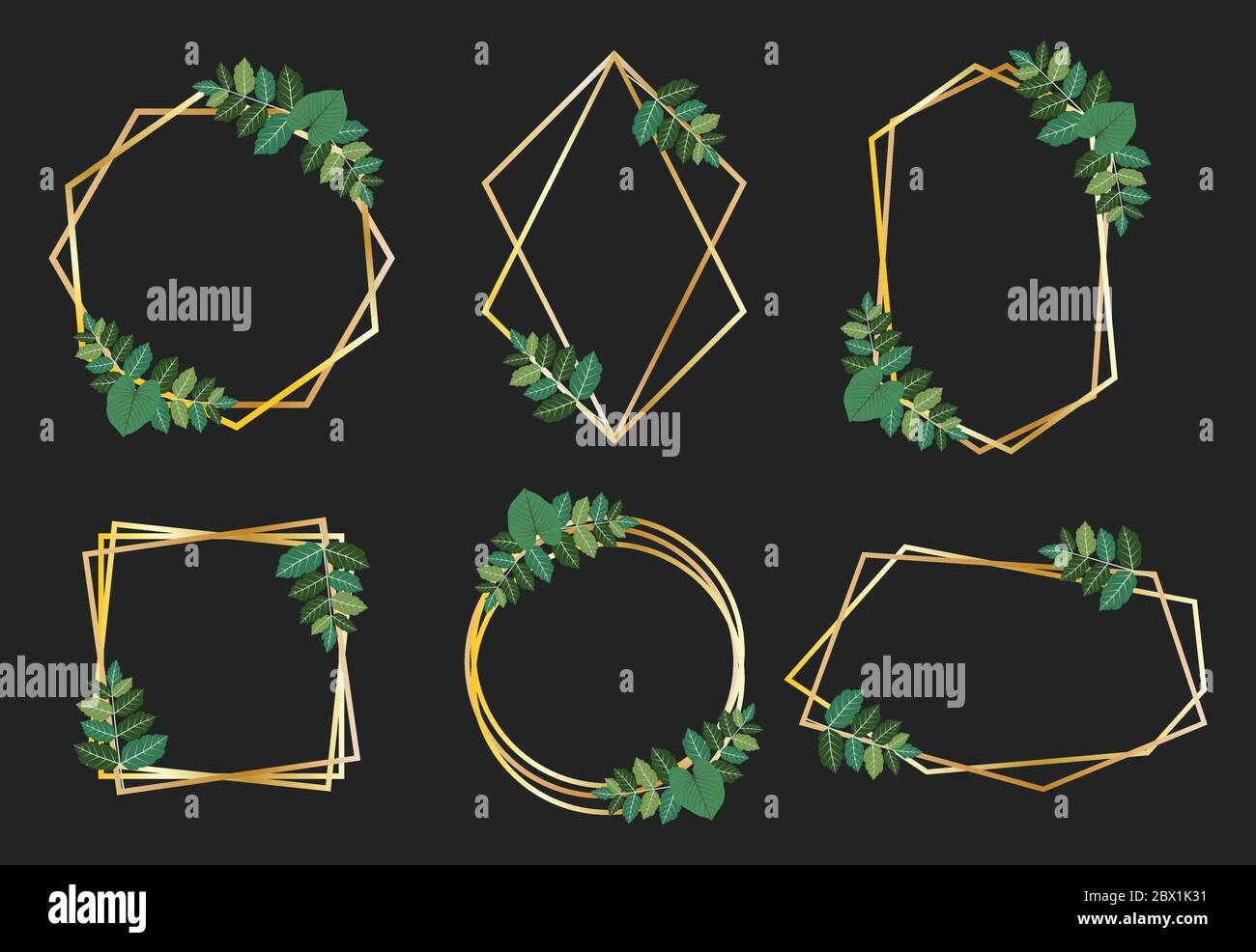 Collection of golden frames with green leaves design vector set Stock ...