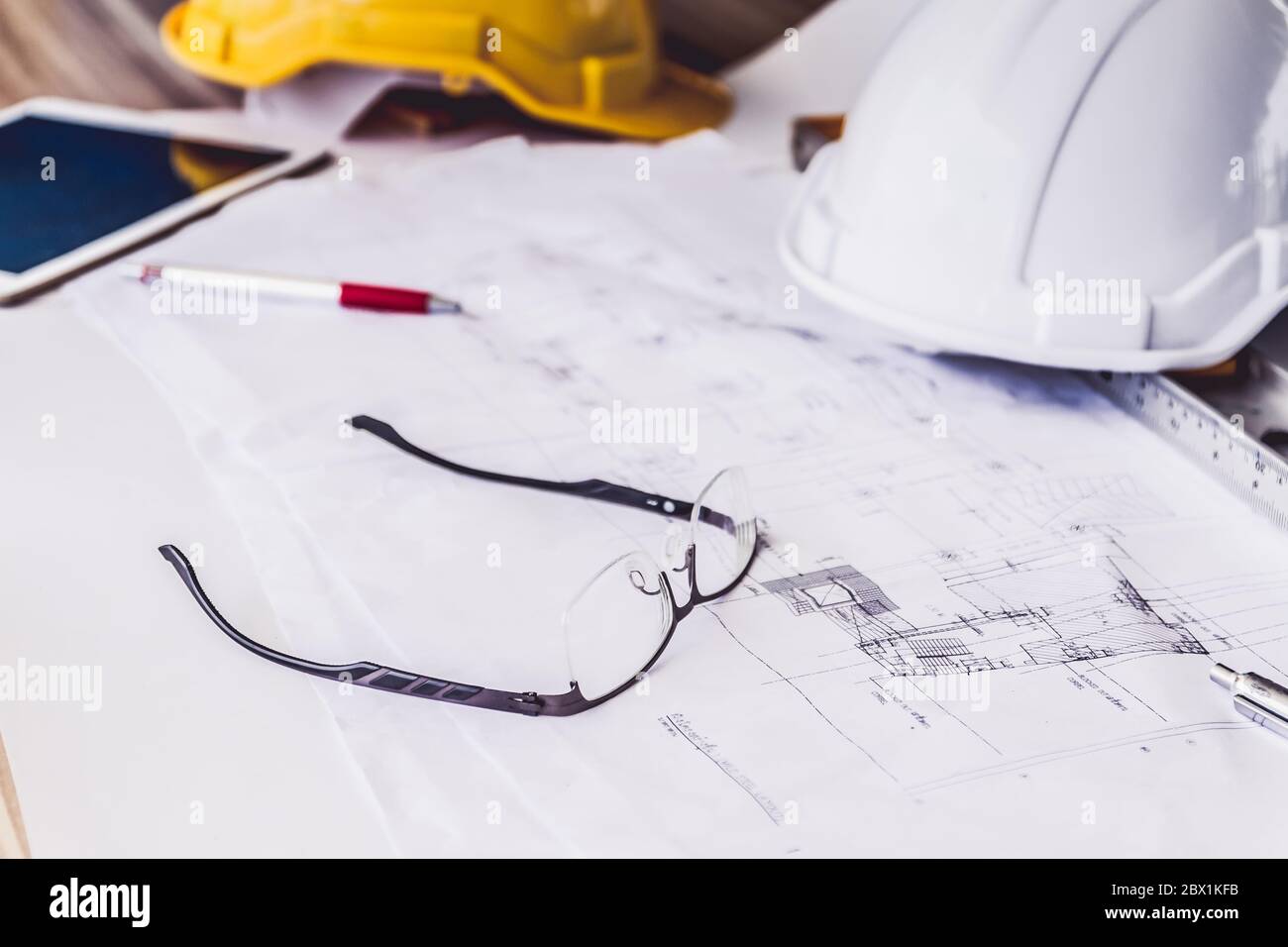 Workplace of architect - Architectural project, Engineering tools on ...