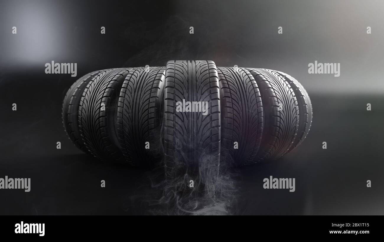 car wheels on black background. Poster or cover design 3D rendering ...