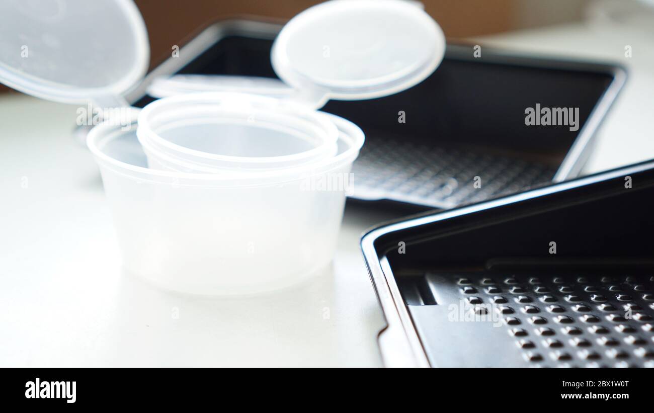 Empty plastic containers for sushi set delivery. Take away lunch box ...