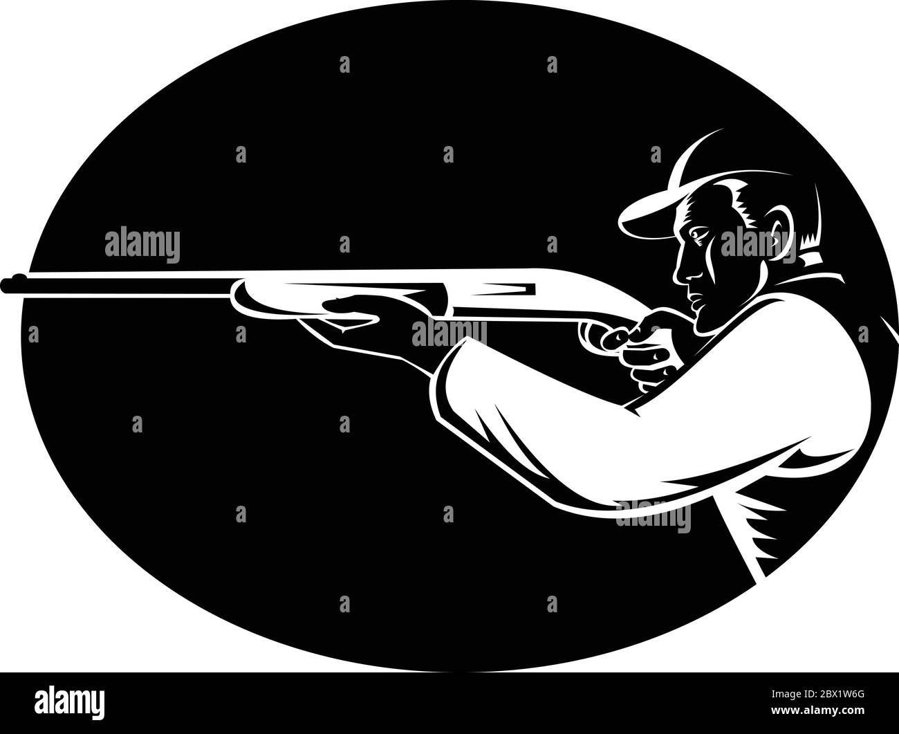 Black and white illustration of a duck hunter with shotgun rifle aiming ...