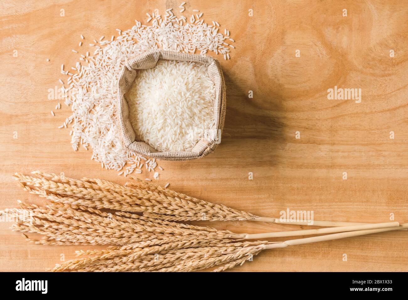 Top view of Raw rice grain and dry rice plant on wooden table ...