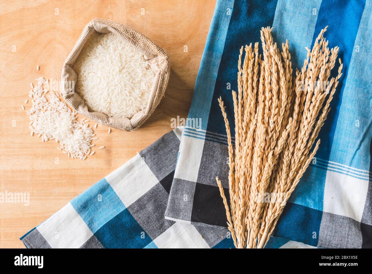 Top view of Raw rice grain and dry rice plant on wooden table ...