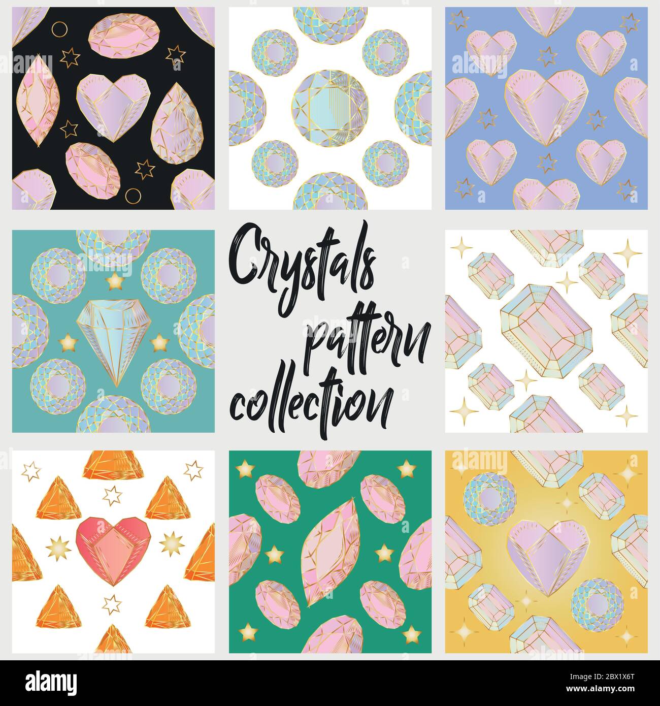 Seamless pattern of colorful jewels gemstones and crystals on black ...