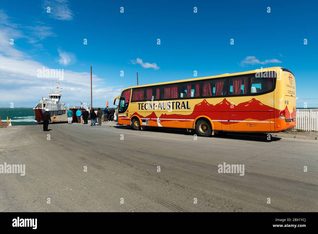 Punta Delgada, Chile - October 13, 2013: People and a bus waiting to ...