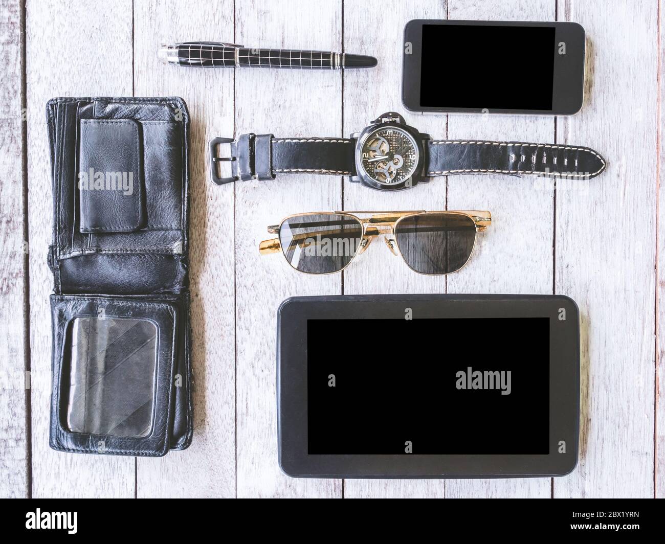 Top view of male accessories and gadgets on the wooden table Stock ...