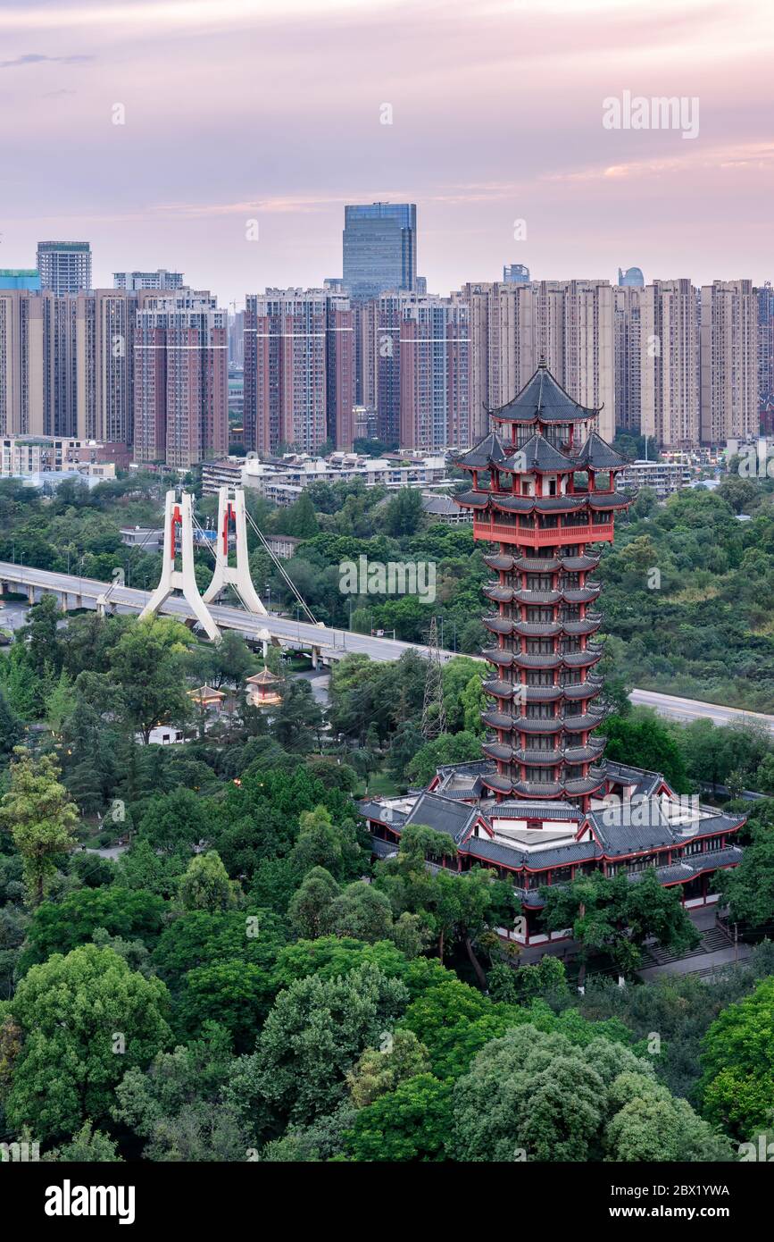 Jiutian traditional tower with modern highway background , Chengdu ...