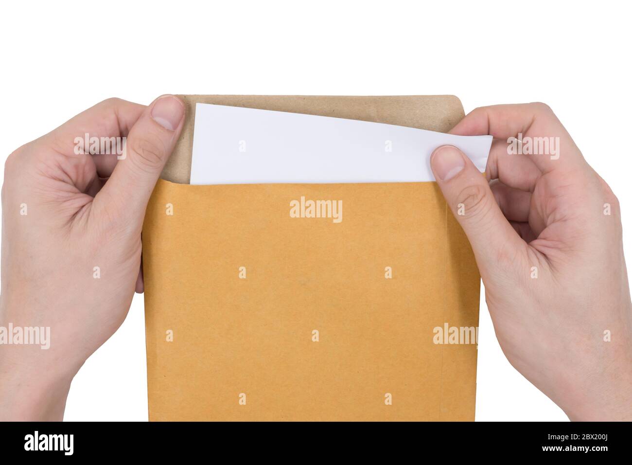 Hands holding envelope with document isolated on white background Stock ...