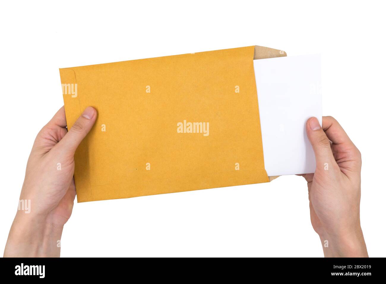 Hands holding envelope with document isolated on white background Stock ...