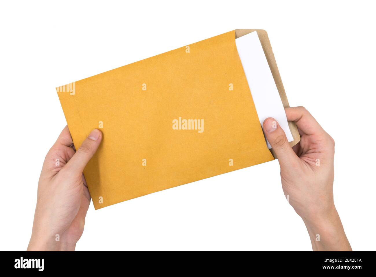 Hands holding envelope with document isolated on white background Stock ...