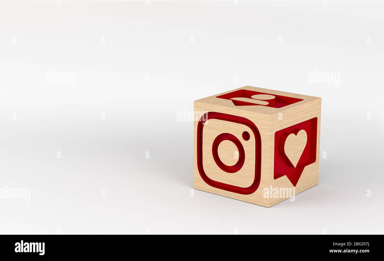 3d illustration, wooden cubes with carved instagram icons Stock Photo ...