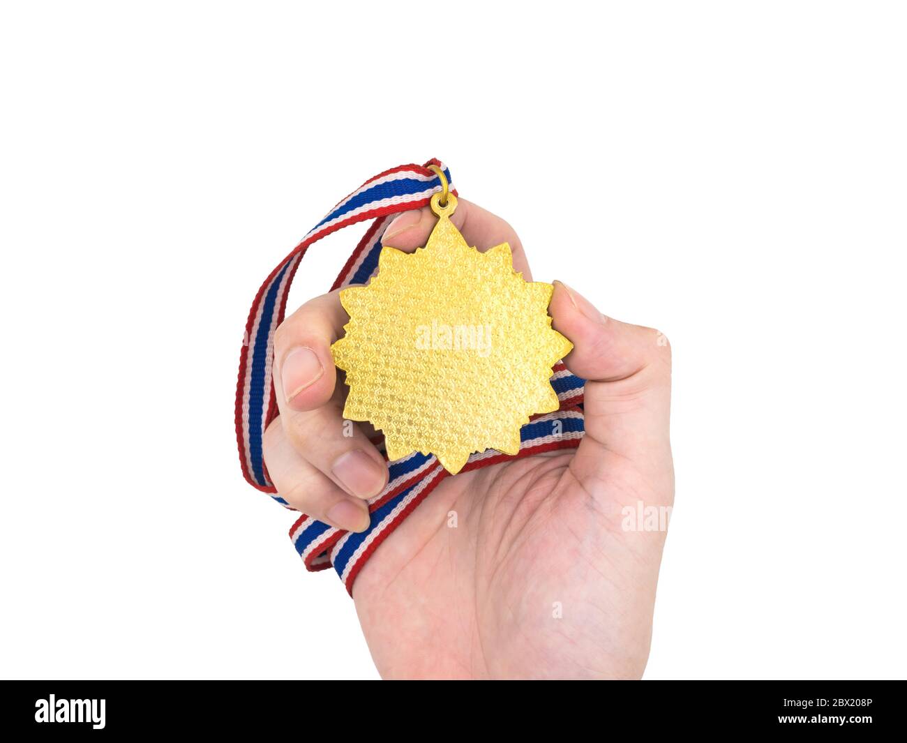 Hand holding Gold medal on white background Stock Photo - Alamy