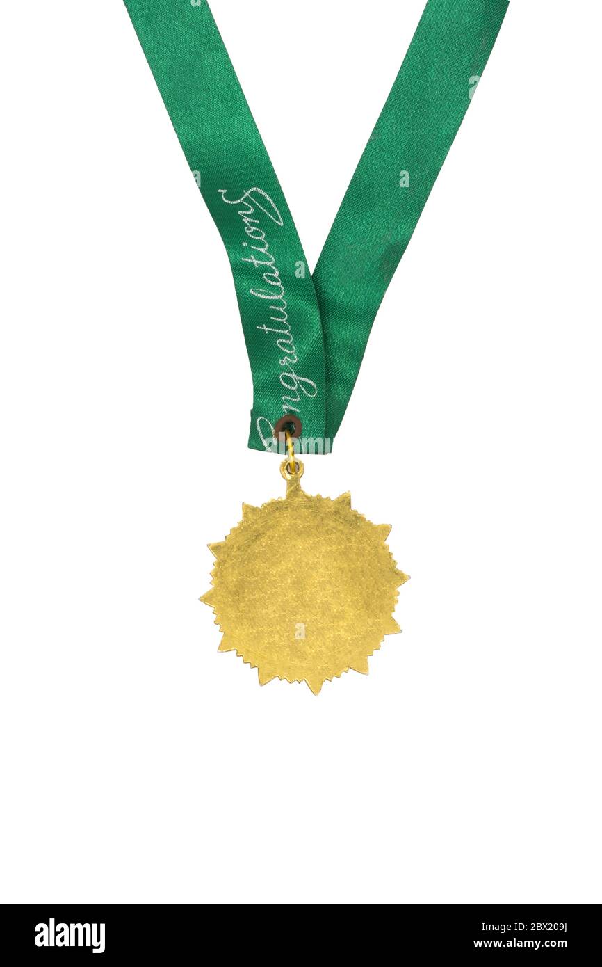 Gold medal with green ribbon on white background Stock Photo - Alamy