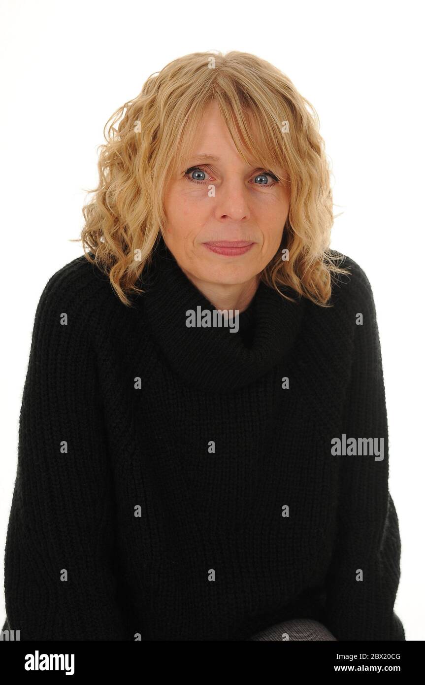 pretty blonde woman looking disappointed, isolated on white background ...