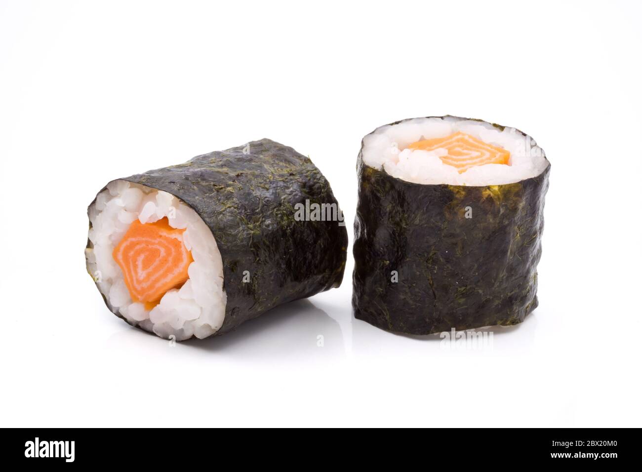 Sushi rolls, rice with salmon and seaweed on white background, japanese ...