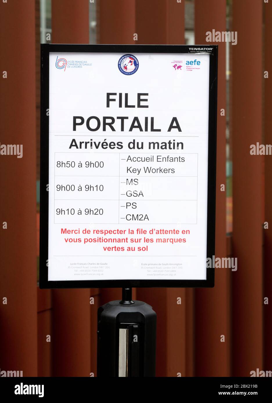 Temporary sign outside the Lycée Francais in South Kensington, London ...