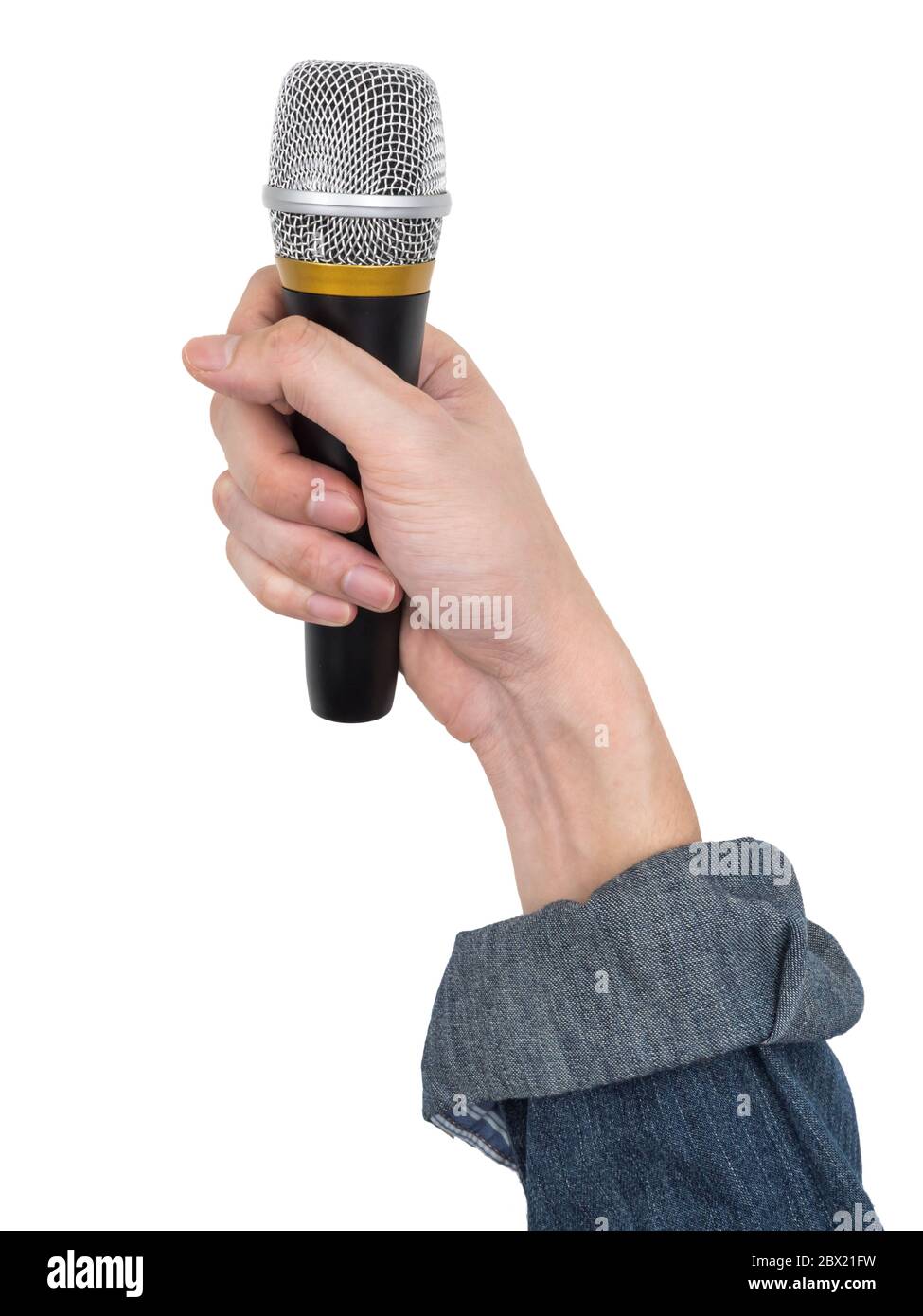 Male hand holding microphone on white background Stock Photo - Alamy