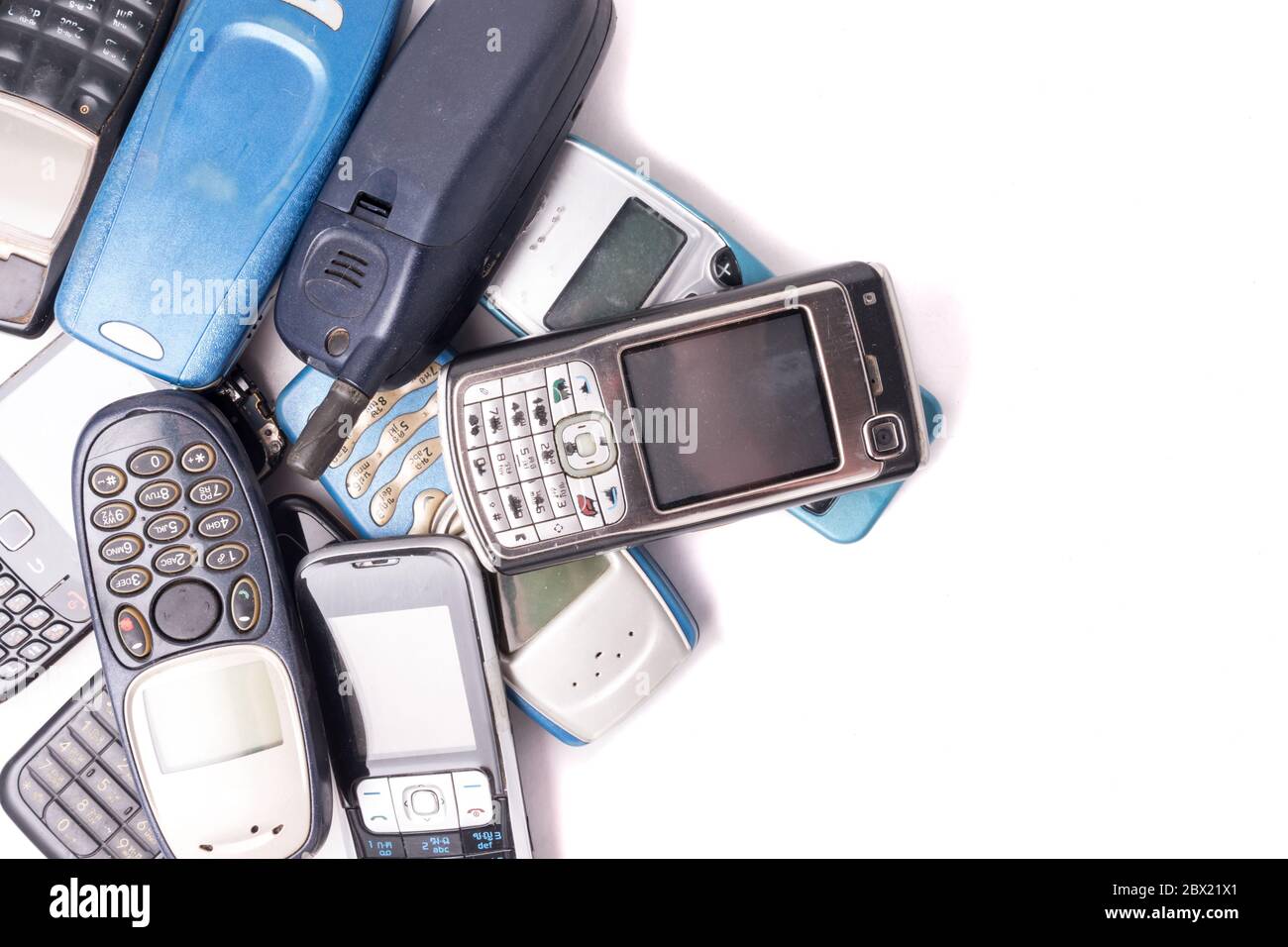 old and obsolete cellphone on a white background. Free space for text ...