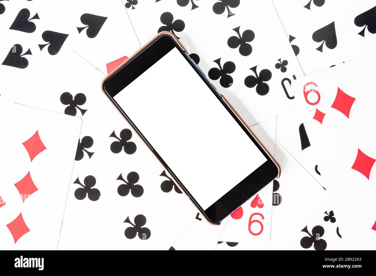 Smart phone with white screen on playing cards background Stock Photo ...