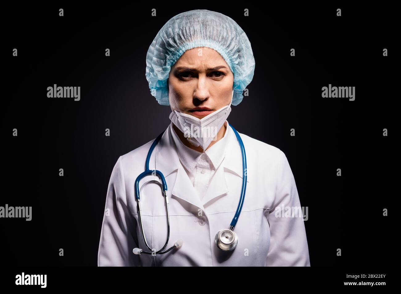 Portrait photo of tired lady doc late night operation breathe in fresh ...