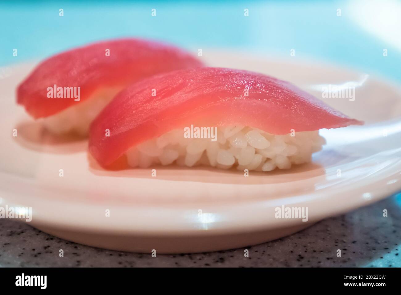 Tuna sushi - rice with fresh tuna on dish, japanese food (soft focus ...