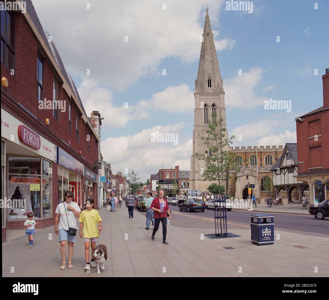 1995, Market Harborough High street, with people shopping in the city ...