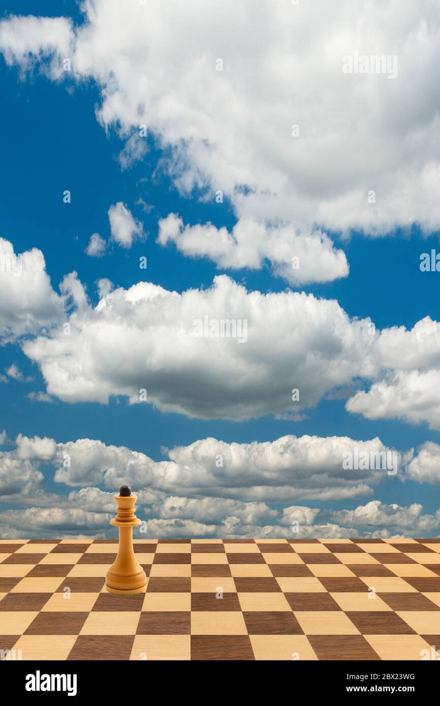 White chess piece of queen on a wooden chessboard with blue sky and ...
