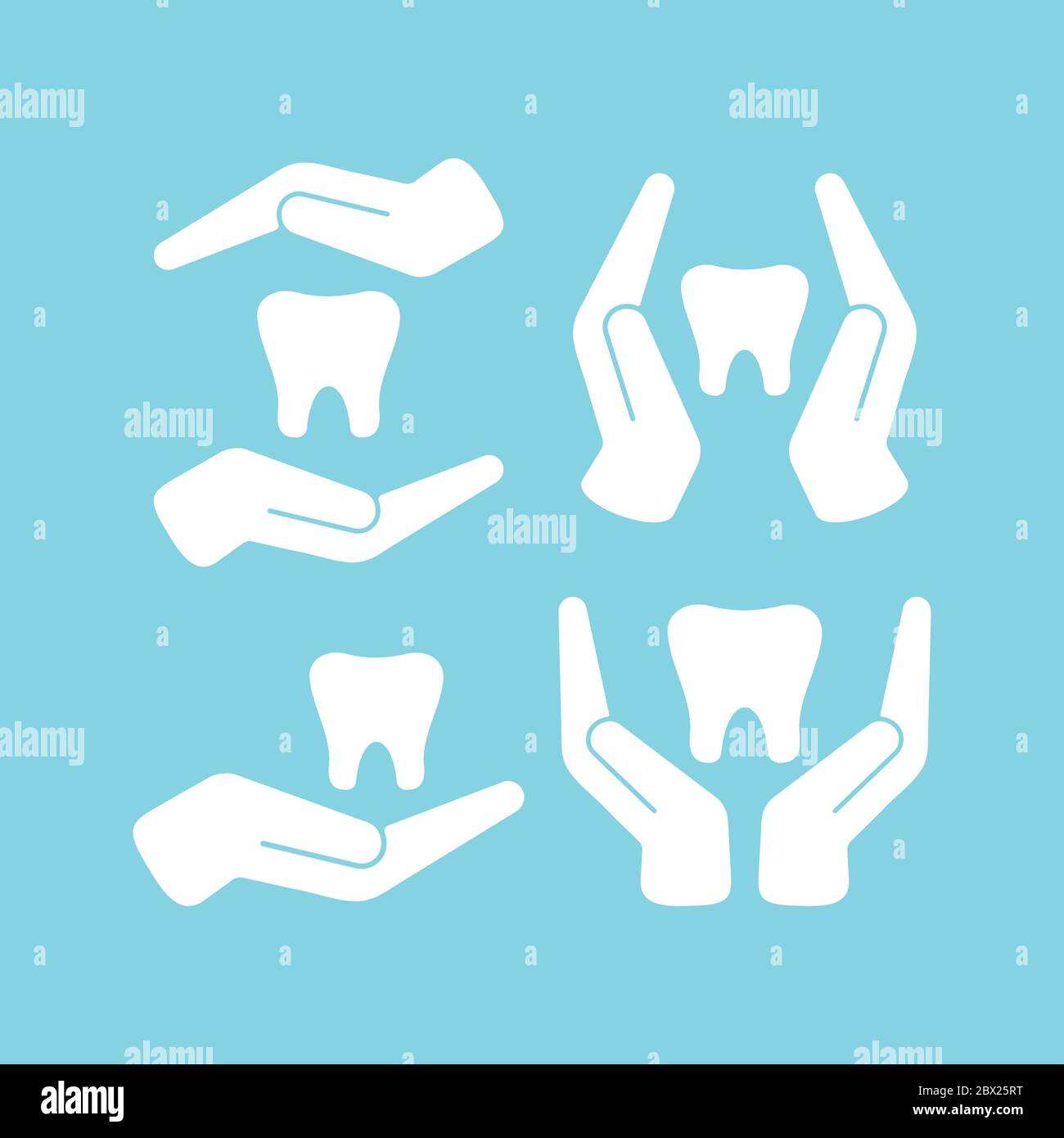 Tooth in hands white color vector icon set isolated on blue background ...