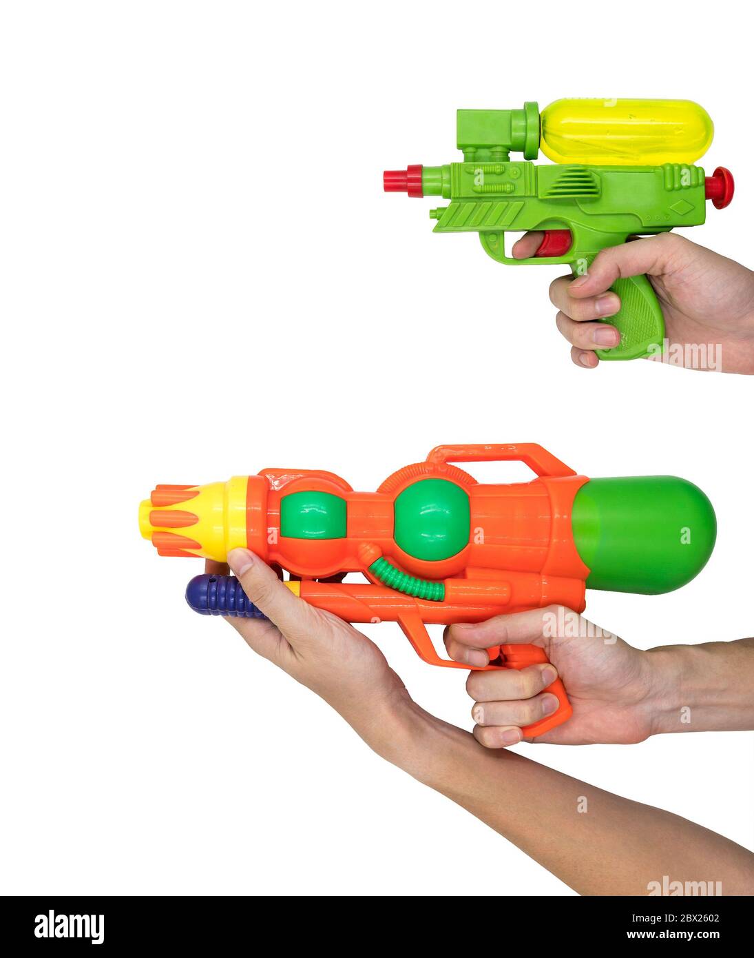 Hands holding Gun water toy on white background Stock Photo - Alamy