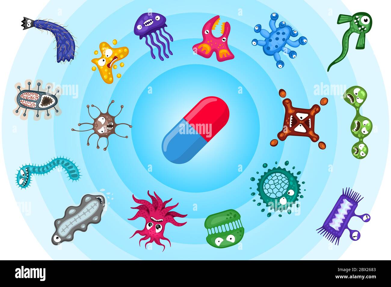 Medical prescription antibiotic pill and bacteria virus germ characters ...