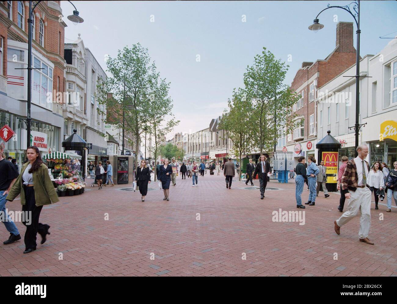 1995, Reading High street, with people shopping in the city centre ...
