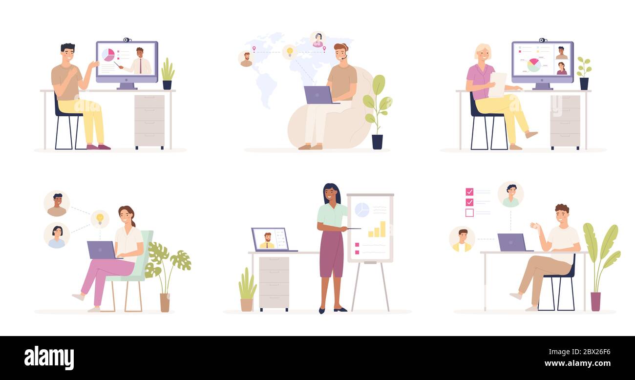 Team working remotely. Distance job, users in corporate cloud system ...