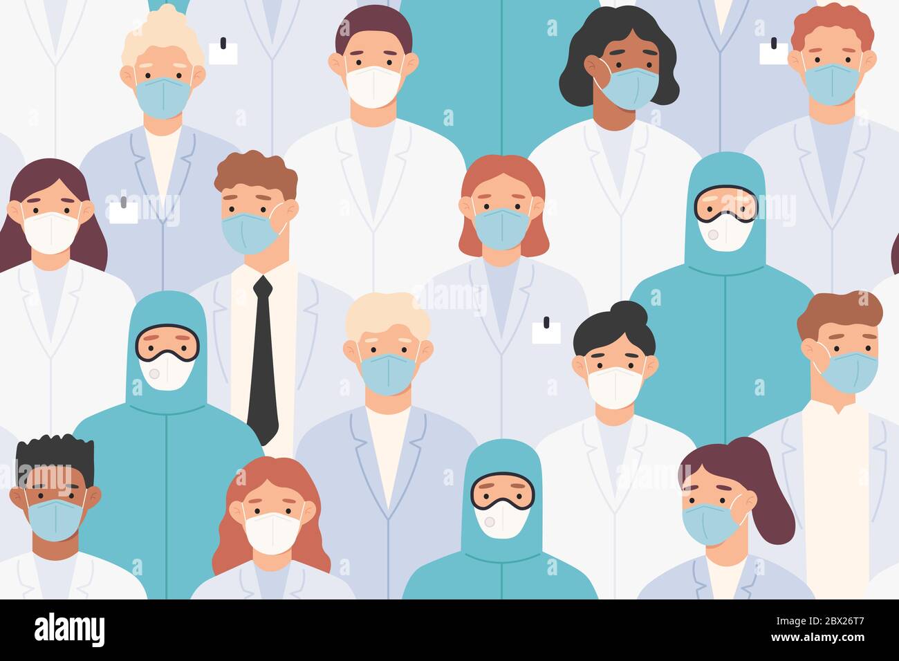 Hospital staff pattern. Doctors and nurses in protective suits and ...