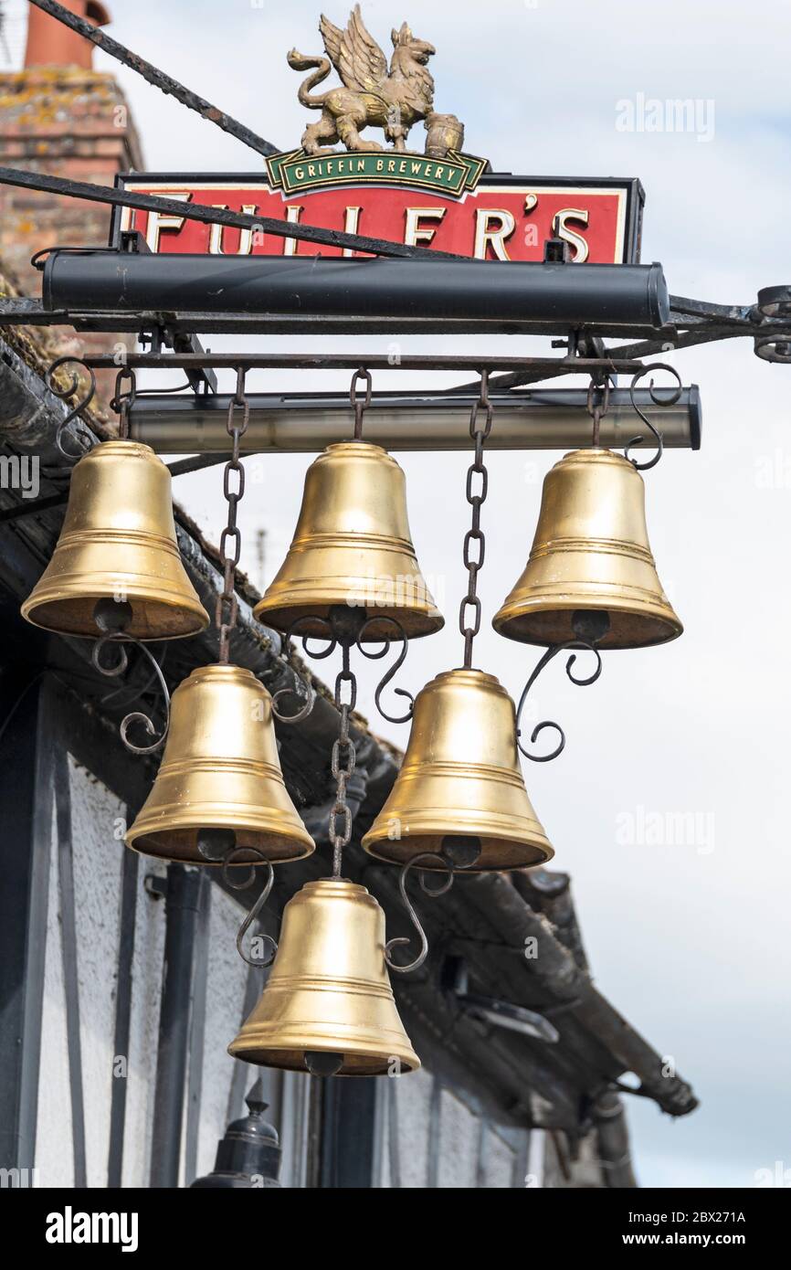 The Six Bells pub sign hanging outside the 16th century half-timbered ...