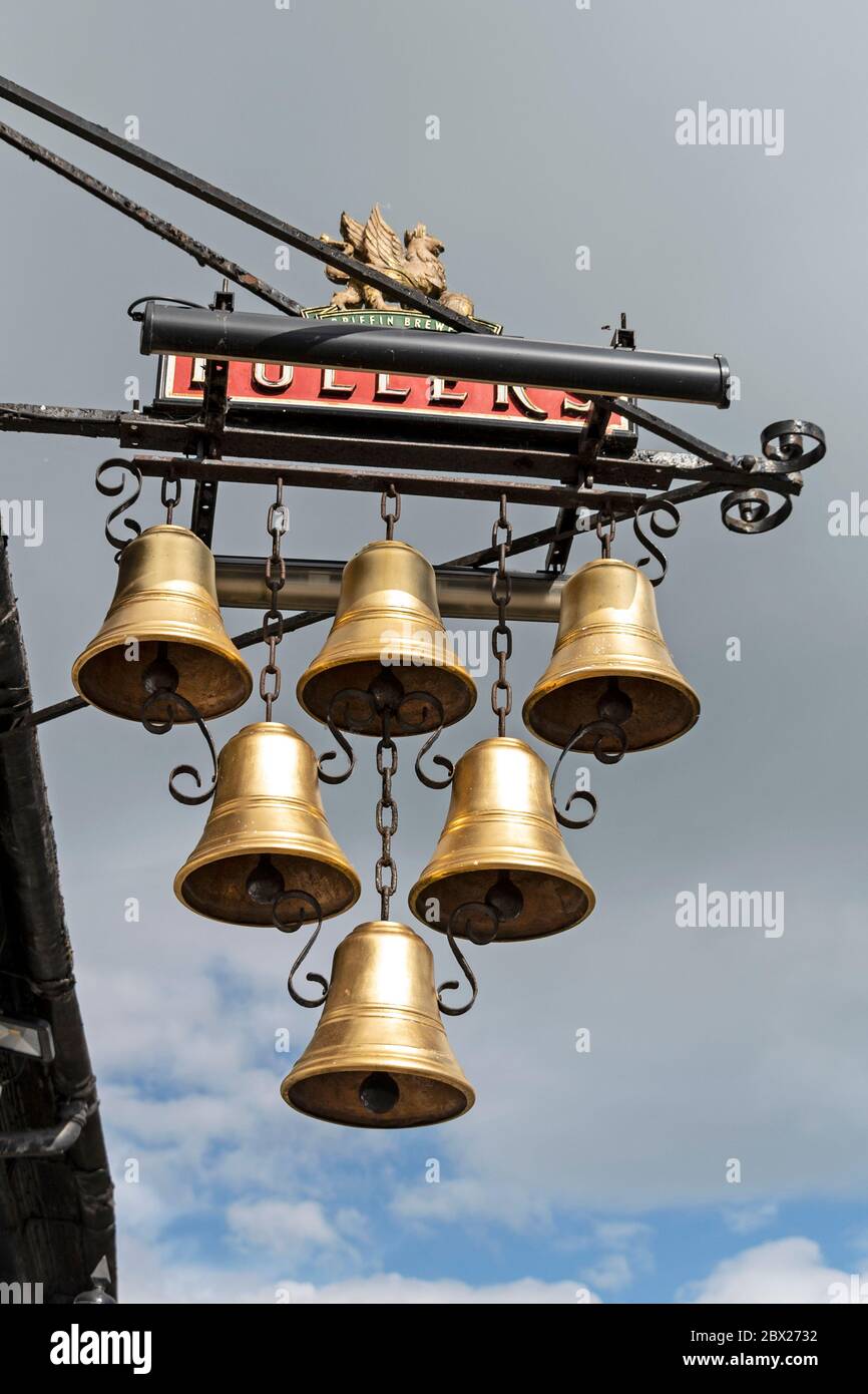 The Six Bells pub sign hanging outside the 16th century half-timbered ...
