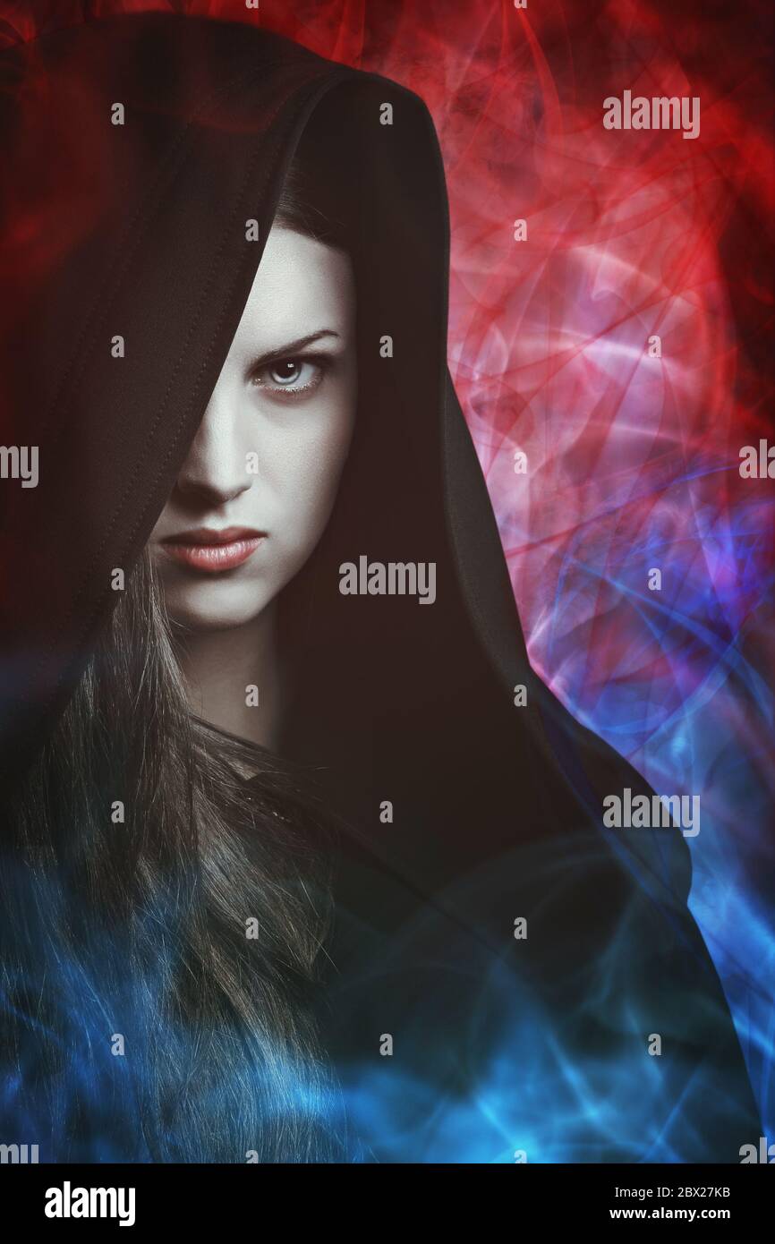 Portrait of a beautiful woman with magical lights. Fantasy concept ...