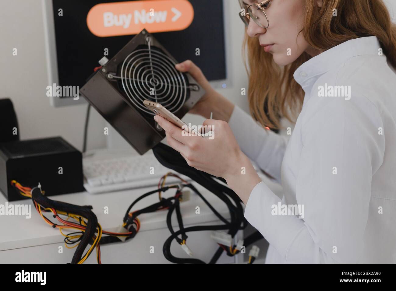 Power supply Electronics technology concept. Young woman online ...