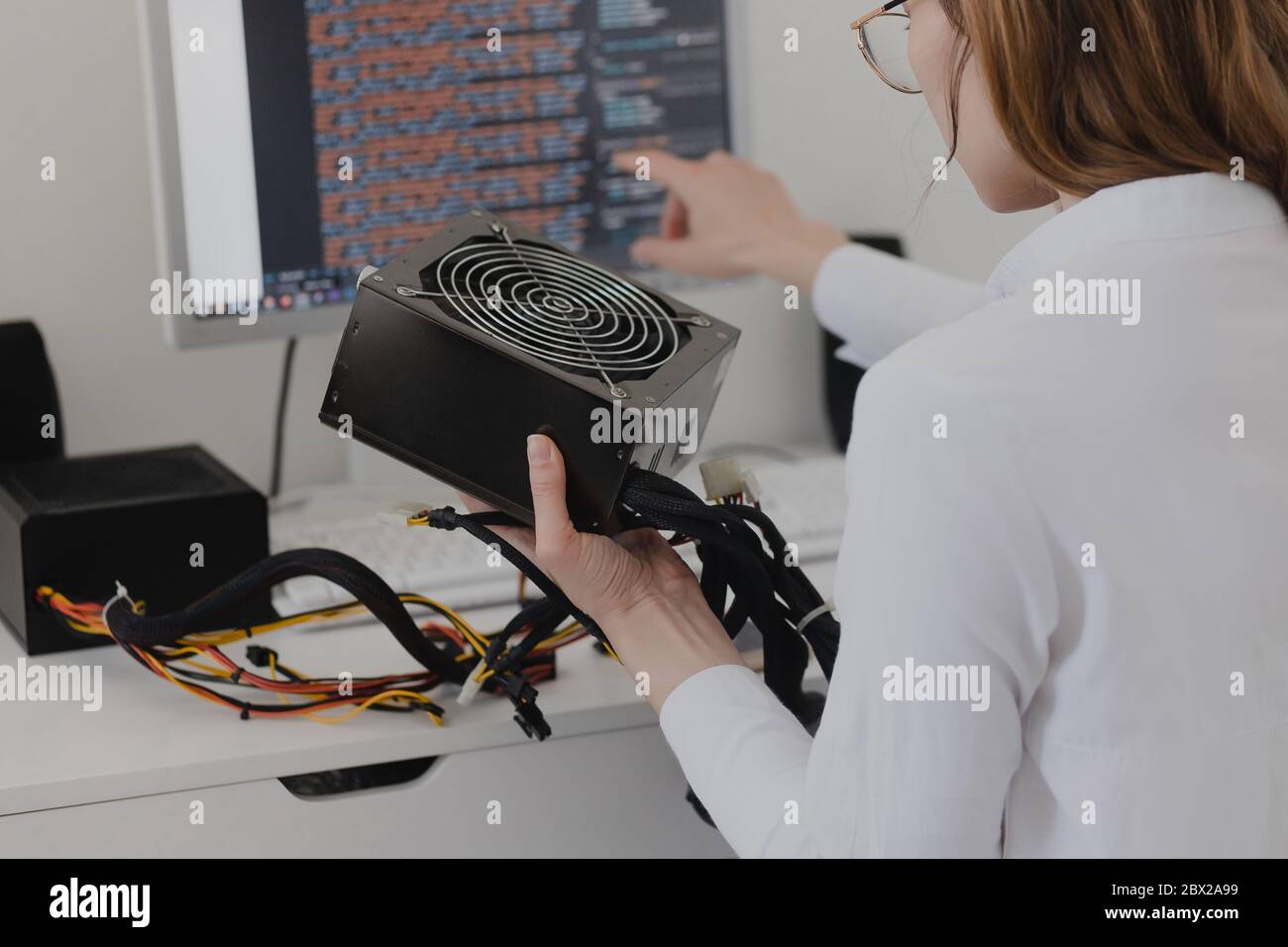 Power supply Electronics technology concept. Young woman online ...