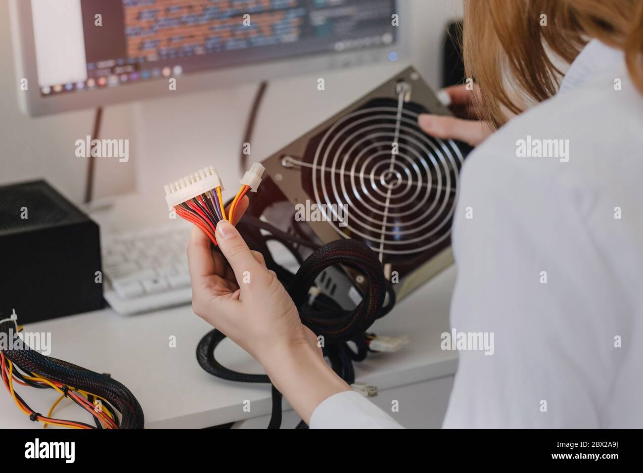 Power supply Electronics technology concept. Young woman online ...
